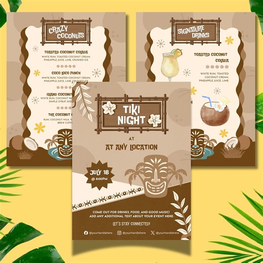 Tiki Cocktail Menu Template Bundle | Retro Coconut Bar Sign & Promo Poster (canva Pro) - Etsy Canada