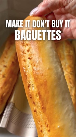 Lauren Allen on Instagram: "MAKE IT DON’T BUY IT: Homemade Baguettes!! 🔗 SEND RECIPE and I’ll send it to you now. Never buying baguettes from the store again. Period. Bakery baguettes: $3-5 each Homemade: $0.20 each (for the same quality) Four ingredients. Bakery-quality crust. Soft, chewy center. I learned to make these while living in Barcelona, where fresh baguettes were part of daily life. This recipe brings that same crispy-crust, soft-inside perfection to your kitchen. Here’s how: 550g br