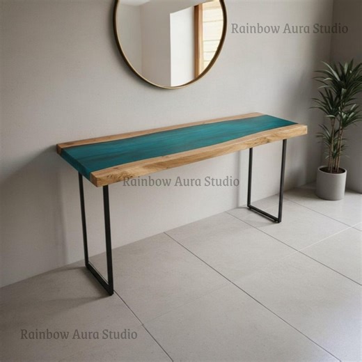 Teal Epoxy Resin Console Table | Solid Wood Live Edge Sofa Hallway Furniture - Etsy