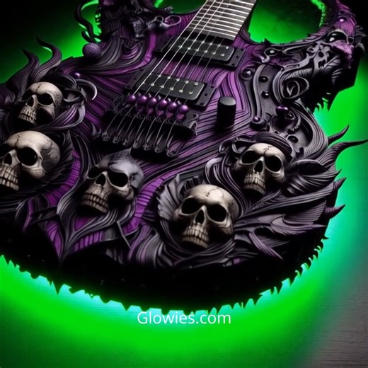 29K views · 1.4K reactions | This gothic-style guitar is pure darkness and power, wrapped in a skull motif with deep purple and black finishes. LED lights pulse through the design, glowing like electric shadows on stage. It’s not just an instrument—it’s a statement for every soul that plays from the depths. Plug in, light up, and let your inner goth rock.  | Gothic Darling | Facebook