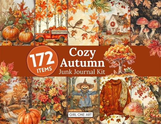 Cozy Autumn Junk Journal Kit Digital Download JPG Scrapbook Paper Fall Collage Sheets Vintage Ephemera Printable Backgrounds Fall Leaves - Etsy