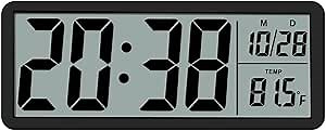 8.5" Large Digital Wall Clock, Battery or Plug in Operated,LCD Digital Clock Large Display with Time, Date & Temperature, Wall and Table Clock for Bedroom, Livingroom, Office (Black)