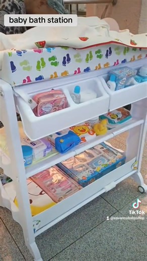 it's bath time 😘 Baby bathing station. Baby Bath station is designed to ensure that everything you need for bath time and nappy changing is within arms reach. ➡️Has removable bath tub with drainage system and plug. ➡️Waterproof changing area ➡️Four toiletry holders and 3 storage trays for easy access during bath time and diaper change. ➡️The unit has 4 wheels with brakes. The prints and patterns vary with each station, confirm the prints available before order price👇 Price@15500/ Would you lov