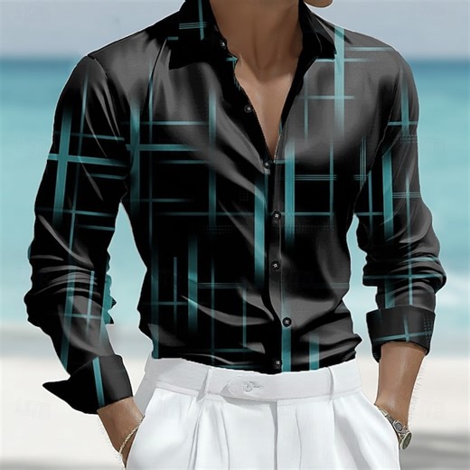 Men's Geometric Gradient Line Shirt Satin Shirt Dress Shirt Long Sleeve Business Casual Vacation Dailywear Summer Spring Fall Turndown 3D Print Button Up Shirts Black White 2025