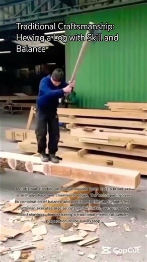 Traditional Craftsmanship: Hewing a Log with Skill and Balance