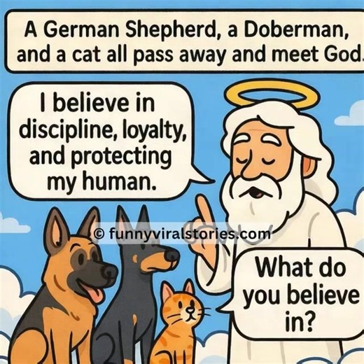 A German Shepherd, a Doberman, and a cat all pass away and meet God. God asks the German Shepherd, “What do you believe in?” The dog replies, “I believe in discipline, loyalty, and protecting my human.” God says, “Great. You can sit on my right.” Then He turns to the Doberman. “And what about you?” The Doberman says, “I believe in love, devotion, and keeping my family safe.” God nods. “Wonderful. You may sit on my left.” Finally, He looks at the cat and asks, “And what do you believe in?” The ca