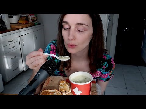 Tim Hortons Soup & Bagel Eating Sounds / Whispering / Soft Spoken ~ Omnomnom ASMR