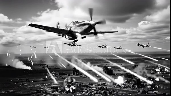 WWII Fighter Squadron Strafing Run - A black and white aerial shot depicts a squadron of P-51 Mustang fighter planes during World War II, unleashing a barrage of rockets and strafing enemy ground