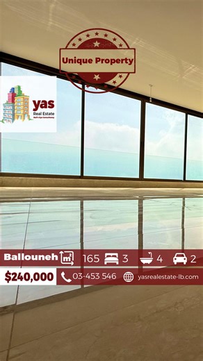 Ballouneh 165m2 | Unique Property | Impressive View | High ENd | TYT | Prime super accessible location | Well surrounded green district a minute from the highway | Full stone cladding building with an impressive arguitecture and a welcoming entrance | Panoramic unlockable view over the mountains | Gnerous dimensions and partitions | 3 bedrooms | 4 bathrooms | 2 slaons | dining | kitchen | entrance | maid room | High End Specs and finishing | Heating system | Double glazing/walls | Electric shutt