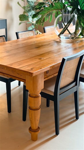 Kirst on Instagram: "A dream FB marketplace find 😍 We’ve been reshuffling rooms in our home and found this beautiful 3 m oregon pine dining table (that I might still sand down and bleach) that fits perfectly into what used to be our lounge. Took advantage of @coricraft_sa recent sale and bought these gorge dining chairs 🪑 Next up - a nice big rug, new curtains and some artwork 😍 Looking forward to many long dinners shared with friends and family 🍷🥘 #lifeasafarmerswife #farmerswifelife"
