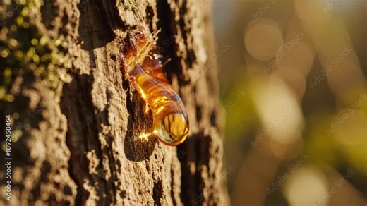 Macro view of golden tree resin oozing from rough bark. Sticky amber sap secretion healing a wound on a pine trunk. Botanical nature detail
