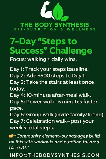 🎯 7-Day Step Challenge = Small Steps, Big Wins! You don’t need a gym membership to change your life — just consistency. A 7-day step challenge boosts your energy, clears your mind, strengthens your heart, and builds momentum you can feel. 🚶‍♂️ Every step = progress. 💪 Every day = proof you can. Join the challenge — let your steps tell your story. #TheBodySynthesis #EnergyInEnergyOut #7DayStepChallenge #SmallStepsBigResults #MindBodySpirit #tavares #sessions #fyptiktokviral