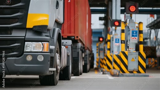 23Close-up view of heavy trucks waiting motionless at customs control, surface details like chipped paint and rubber seals visible, warning lights blinking, concrete barriers and cus