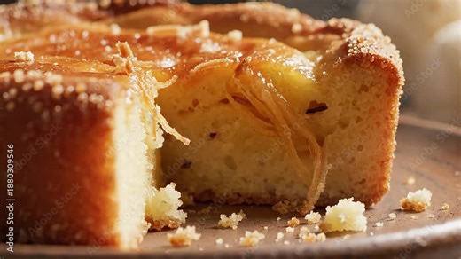 A delectable homemade apple cake freshly baked with a goldenbrown crust and a soft moist interior featuring beautifully arranged fruit slices on top and delicate sugar pearl toppings with a generous .