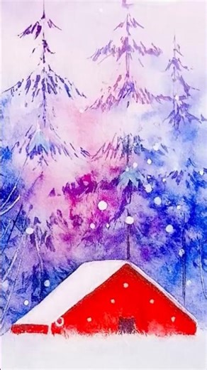 Winter watercolor cottage 🏠💜 snowy Christmas painting #watercolor #painting #christmas #shorts