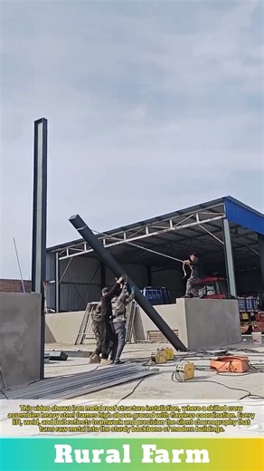 Iron Metal Roof Structure Installation: Heavy Steel by Impressive Teamwork and Precision