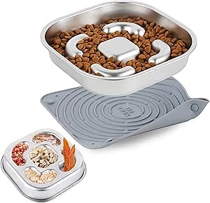 Metal Slow Feeder Dog Bowls 5 Cups for Large Bleed, Food-Grade 304 Stainless Steel with Non-Slip Silicone Base, Dishwasher Safe, for Dry, Wet, or Raw Food