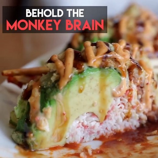 Goin' bananas for this MONKEY BRAIN ROLL made with a tempura fried AVOCADO SHELL, and stuffed with crab meat & spicy tuna 🥑 🦀 See how it's made! Mmmmmmmmm 😋 | Foodbeast