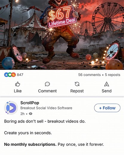 Boost your sales with scroll-stopping video ads: ✅ 1,000 ready-to-use animations ✅ AI Creator for any industry ✅ New breakout effects & clips every week ✅ No editing skills needed ✅ Works for any business or niche 🔥 $67 Lifetime Deal — no monthly fees. Start creating viral clips in seconds → https://scrollpop.com | ScrollPop