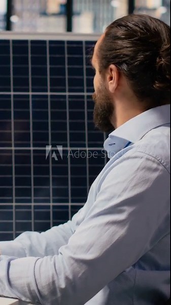 Sustainability RD expert uses CAD program on PC to design production lines for solar panel assembly. Worker runs simulation tools to enhance solar cells, accelerating clean energy adoption, camera B