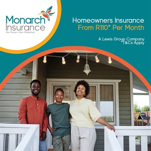Protect your family and home from the cost of unexpected loss or damage with Homeowners insurance from R110* per month. T&Cs apply. https://bit.ly/49btN1m Monarch Insurance Company is a licensed microinsurer, a wholly owned subsidiary of Lewis Stores (Pty) Ltd, an Authorised Financial Services Provider (FSP 2815) | LEWIS STORES