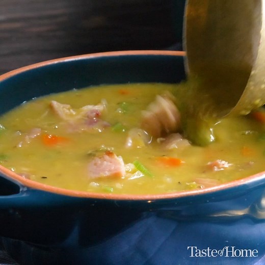 This old-fashioned favorite is not only a snap to make, but it's economical, too. Get the recipe for Old-Fashioned Split Pea Soup With Ham Bone: https://trib.al/6qApgvq | Taste of Home