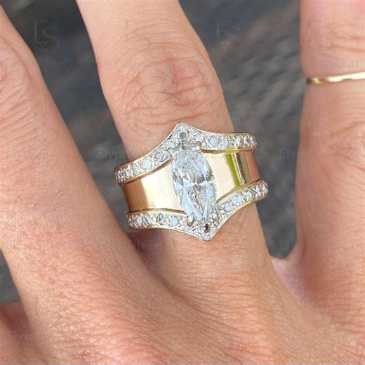 Pave Accents Diamond Promise Ring, Beautiful 1.00 CT Marquise Cut Moissanite Diamond Ring, 14k Yellow Gold Wide Band Ring, Anniversary Ring - Etsy