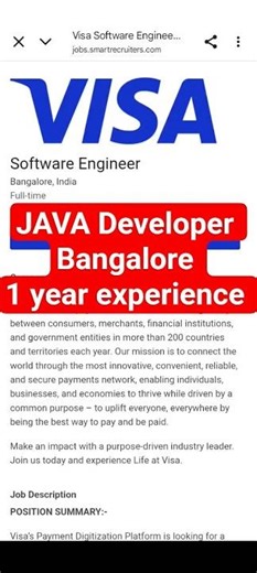Visa Hiring Java Developers Bangalore 12-18 lpa