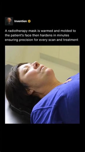 Invention on Instagram: "Before a patient begins radiotherapy, a custom mask is created to ensure perfect positioning during treatment. The material starts as a flat sheet of perforated thermoplastic that is warmed in hot water until it becomes soft and flexible. Once pliable, it is gently placed over the patient’s face and shoulders while they lie on the treatment table, allowing the mask to contour precisely to their features. As the material cools, it hardens into a firm but comfortable shell