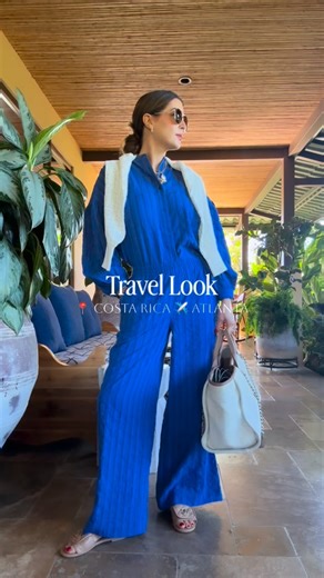 Jess Cathell on Instagram: "Follow + comment TRAVEL below to get the details. ✨This blue set was the MVP of my travel day back from Costa Rica.✨ The elastic waistband = pure comfort, and the pop of color made it such a standout. I got so many compliments on it! You can also style the pieces beautifully with swimwear, so it’s truly a workhorse set you’ll wear on repeat. I’m in a size small in both. #TravelOutfit #ResortStyle #AirportOutfitInspo #MatchingSetStyle #ComfortAndChic"
