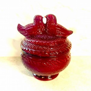 Vintage Ruby Red Depression Glass Lovebirds Candy Trinket Dish, Scarce Find!