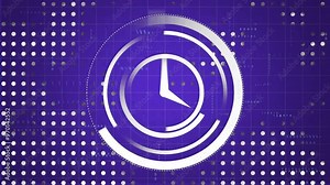 Animation of clock moving fast over rows of spots on purple background