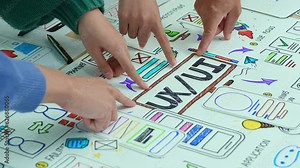 Team of Creative Web, Graphic Designer planning, drawing website ux ui app for mobile phone application and development template layout, process to developing prototype wireframe.