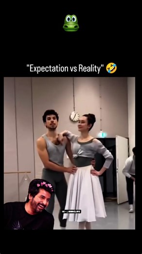 Lucky Clips on Instagram: "This reel is a classic "Expectation vs. Reality" comedy sketch that contrasts a graceful professional feat with a hilarious, everyday attempt at the same move. ​. ​The video is split into two distinct segments to create a comedic comparison: ​Part 1: The Expectation (Professional Ballet) ​Setting: A professional dance studio with mirrors, barre rails, and a large clock on the wall. ​Action: A male ballet dancer in a grey tank top and a female dancer in a grey top and w