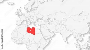 4k Libya map highlighted in the world map in red color and label of the Libya text in 3d style, Libyan animated map in world map with neighboring countries in gray and white color.