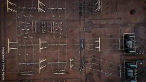 An aerial view of an electricity grid substation. Electricity grid showing a complex wiring layout.
