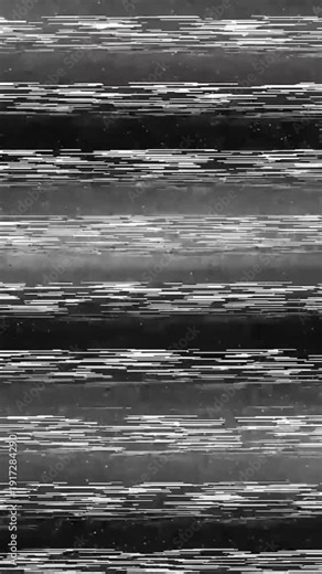 Vertical rolling bars of static noise and glitch distortion move down the screen, simulating a rolling shutter or old TV tracking error
