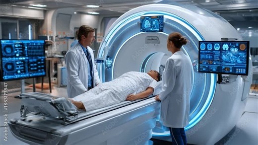 Medical Precision: A patient undergoes a detailed scan within a sophisticated magnetic resonance imaging (MRI) machine, with the skilled medical team ensuring a detailed procedure.