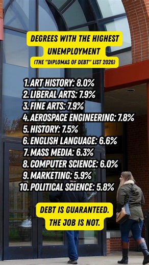 Finance Reality Check on Instagram: "College is an investment, not a summer camp. 🎓💸 If you are taking out $100,000 in student loans, you need to treat your degree like a business decision, not a passion project. Here is the Reality Check on the current job market (Data: NY Fed): 1. The "Passion Degrees" (Arts, History, English) are still statistically the most dangerous. High debt + low starting salaries + high unemployment = A financial trap. 2. The "Tech Shock" is real. See Computer Science