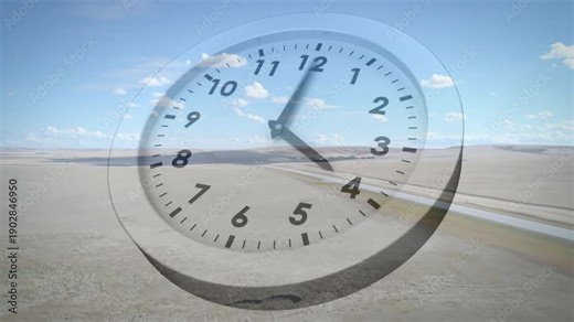 Clock overlay appearing at start, translucent clock hands rotating clockwise, showing elapsed time