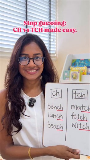 Aruna - Mum, Early Childhood Educator, Linguist on Instagram: "CH vs TCH — the quick rule 👇🏽 * TCH comes after a short vowel in a 1-syllable word * CH comes after a consonant or long vowel Teach this pattern first so it clicks quickly. There are a few common exceptions (like such, much, rich) but learn the rule first, then meet those later. 💛 If this helped, save + share with another parent. Want the full spelling map? Comment CODE and I’ll send my Letter Code freebie. #phonics #teachreading 