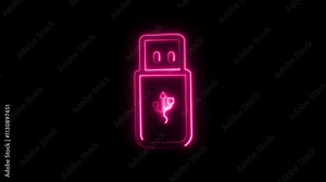 Neon USB pen drive icon glowing animation on black background . Glowing neon Pen Drive icon isolated on black background.