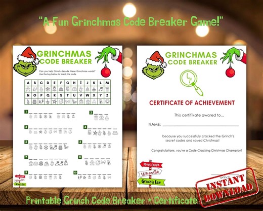 Grinch Christmas Code Breaker Game for Kids | Printable Holiday Classroom Activity   | Merry Grinchmas - Etsy
