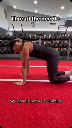 Loretta Hogg on Instagram: "The Thread the Needle stretch targets the upper back, shoulders, and neck, improving mobility and relieving tension. 1. Start on all fours: Hands under shoulders, knees under hips. 2. Thread your arm: Slide your right arm, palm up, under your left arm, letting your right shoulder and head rest on the mat. 3. Hold: Breathe deeply for 3-5 seconds and repeat 5x. 4. Switch sides: Repeat with the left arm under your right. Benefits: - Relieves tension in the upper back and