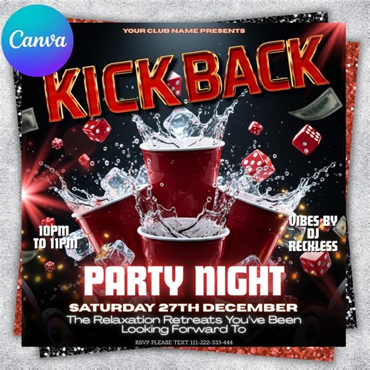 Kickback Party Flyer, Editable Kickback Club Flyer, Club DJ Party Invite, Event Flyer, Social Media Flyer, Canva Template, Instant Download - Etsy UK