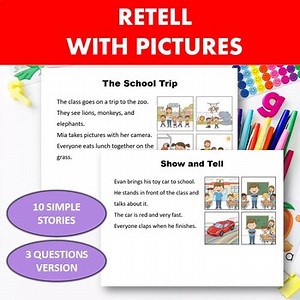 Short and Simple Story Comprehension & Retell with pictures for Speech Therapy
