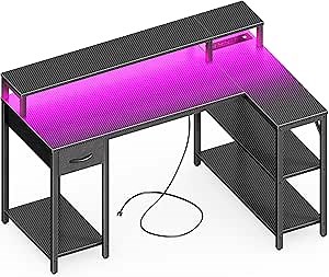 SUPERJARE 47 inch L Shaped Gaming Desk with LED Lights & Power Outlets, Reversible Computer Desk with Shelves & Monitor Stand, Corner Desk with Drawer, for Home & Office, Carbon Fiber Black, 7998TC