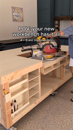Comment PLANS to grab the printable plans for this Ultimate DIY Workbench from our shop! The plans can be modified to include a built-in table saw where the large shelf is...BUT we personally think the table saw should be separate and this can be used as an out feed table. Why? Because the table saw will also be in your way and you'll have to be careful not to drop any screws into the throat of the table saw! I'm curious. What's your favorite feature of this workbench?? #DIYWorkshop #DIYWorkbenc