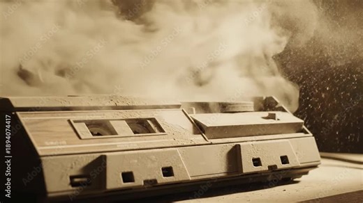 Dusty vintage cassette player being cleaned with compressed air, retro technology revival