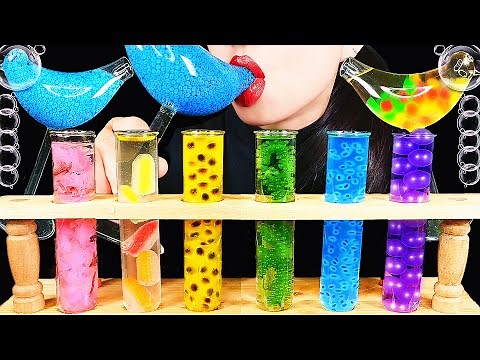 ASMR RAINBOW DRINKS DRINKING SOUNDS 신기한 물 먹방, EDIBLE CRYSTAL, EDIBLE FROG EGG BOBA JELLO BIRD GLASS